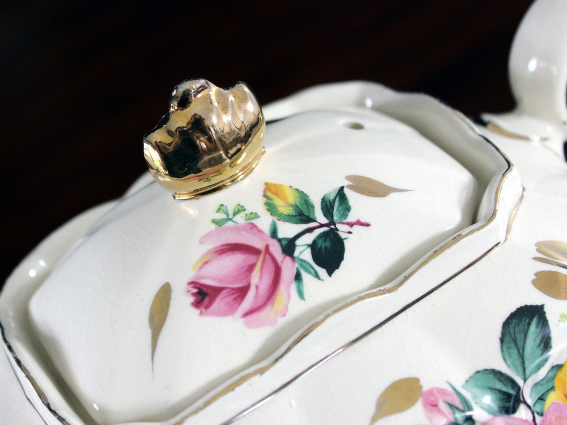 Sadler Cube Teapot Pink & Yellow Cabbage Roses Motif 1930s - Etsy