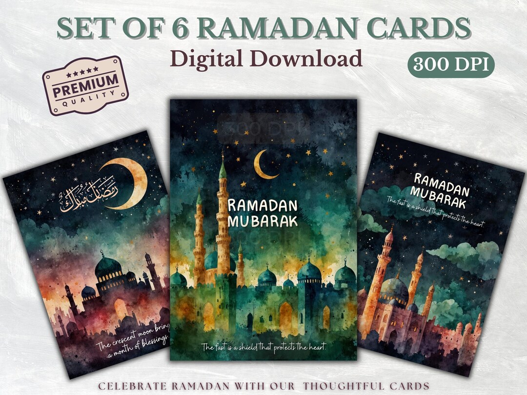 Ramadan Kareem Cards, Set of 6, Digital Download | Vibrant Watercolor ...