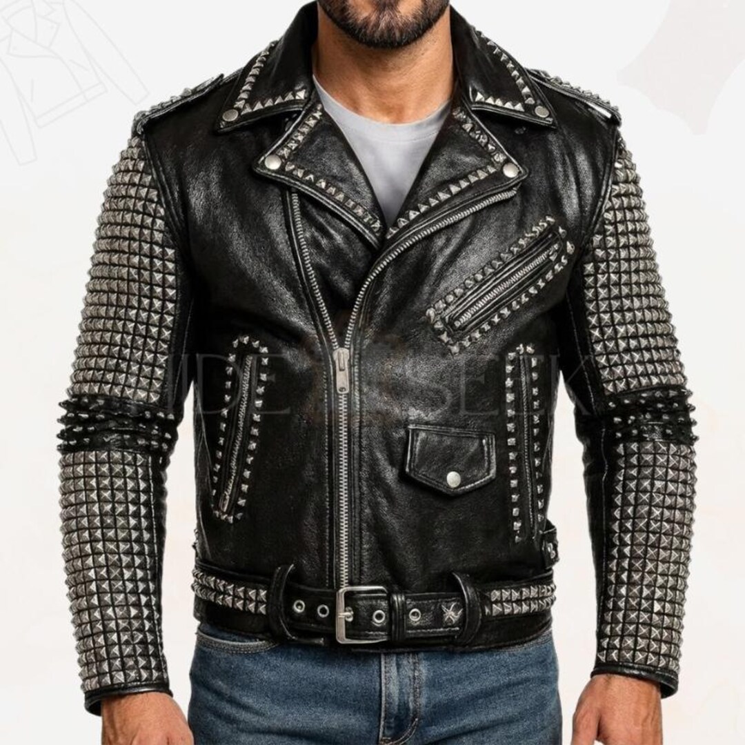Studded Punk Black Leather Jacket - Cowhide Heavy Metal Rocker Spike ...