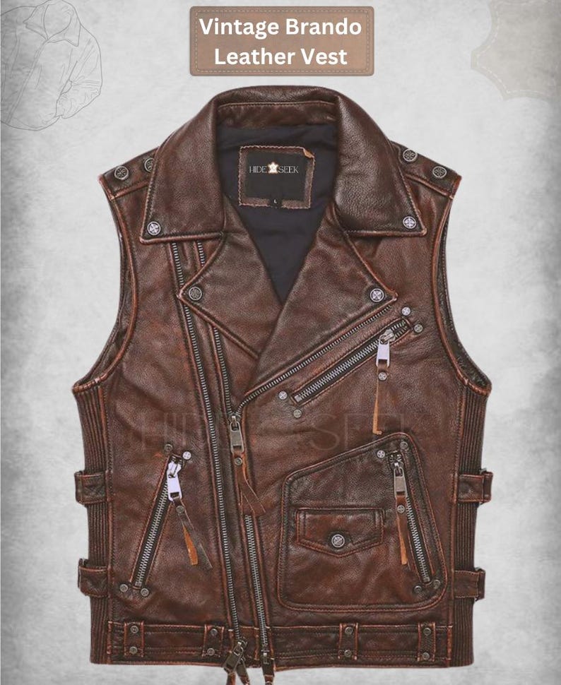 Men's Vintage Leather Biker Vest | Handmade Cowhide, Rustic Sleeveless ...