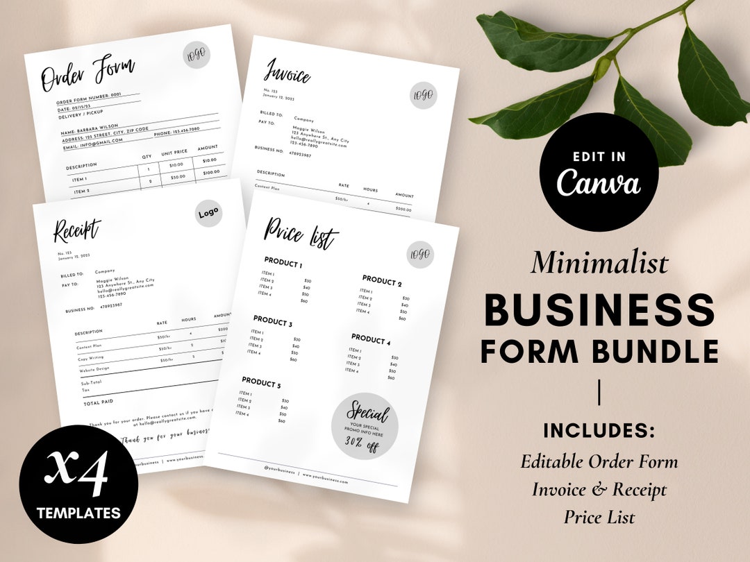 Minimalist Business Form Bundle, Canva Templates, Editable Custom Clean ...