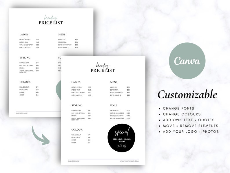Boho Small Business Price List Template, Canva Template, Dusty Blue ...