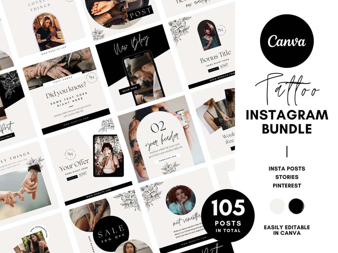 Tattoo Instagram Posts, Canva Templates Bundle, Neutral Black White ...