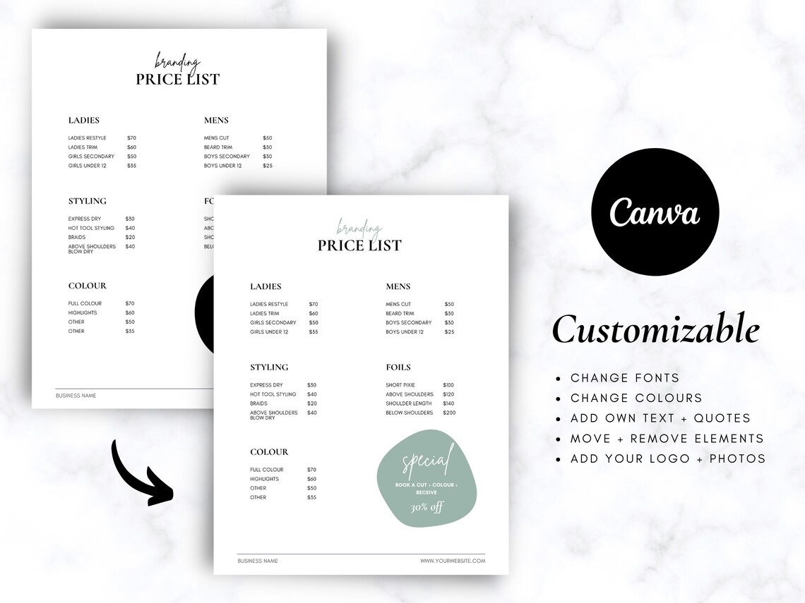 Boho Small Business Price List Template, Canva Template, Minimal Black Salon, Hairdresser ...