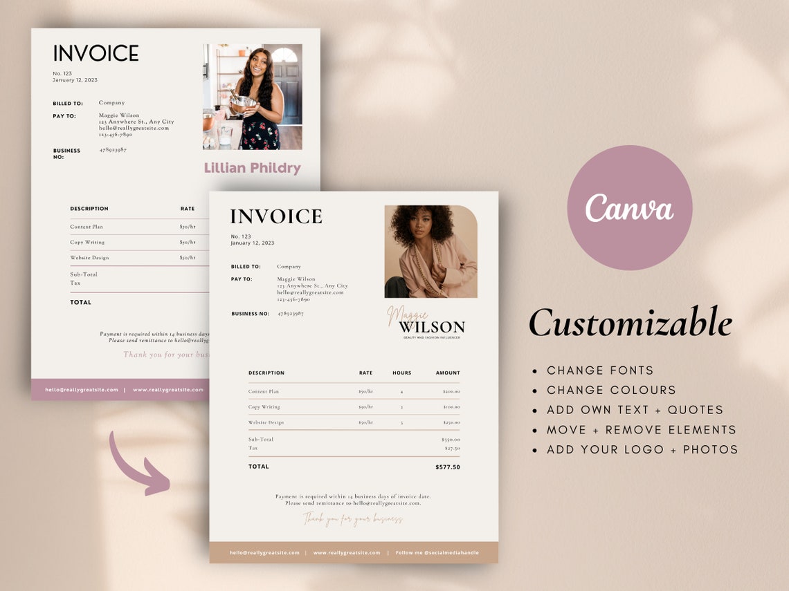 Canva Invoice Template, INSTANT DOWNLOAD, Invoices for Business, Women ...