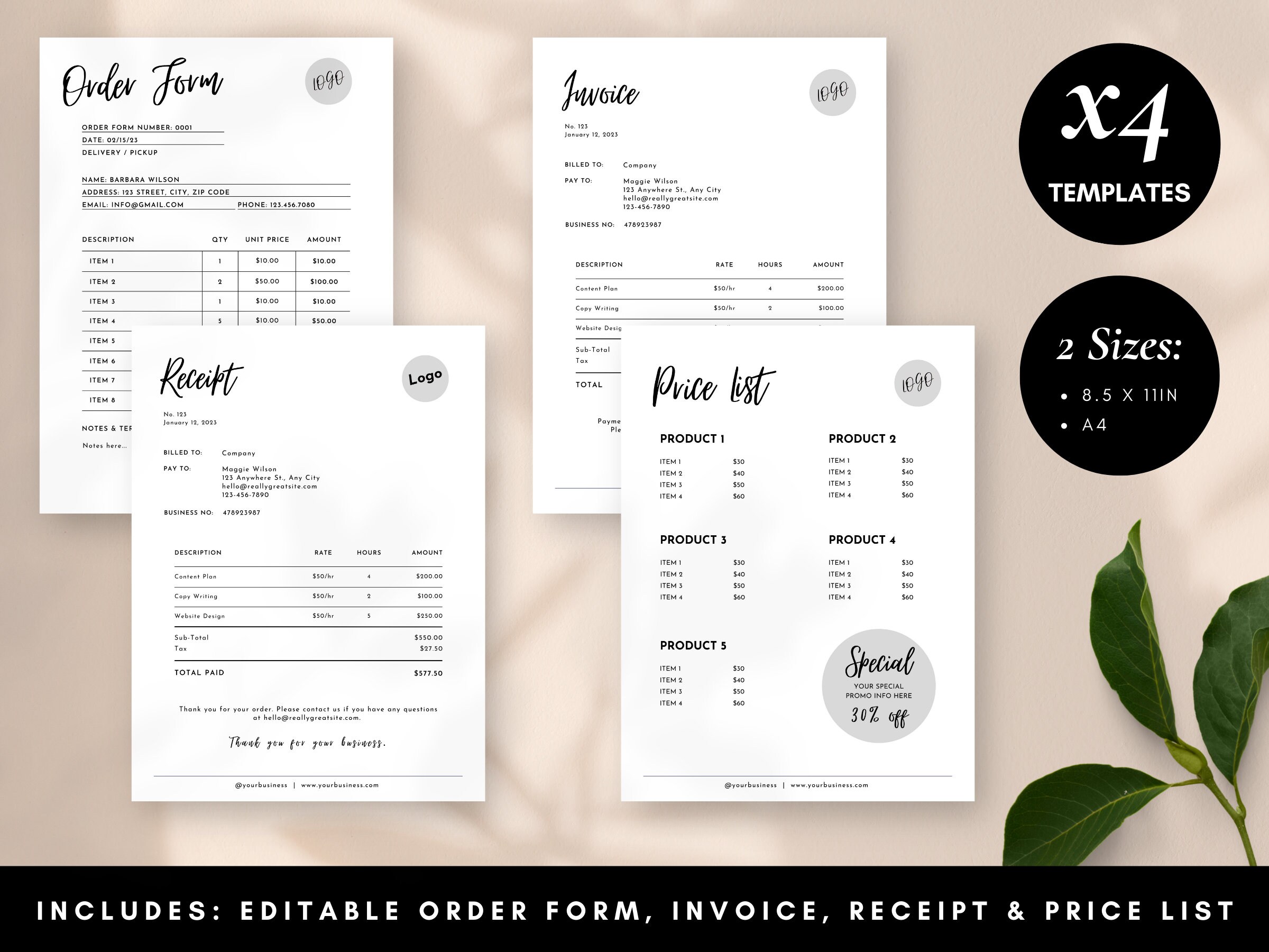Minimalist Business Form Bundle, Canva Templates, Editable Custom Clean ...
