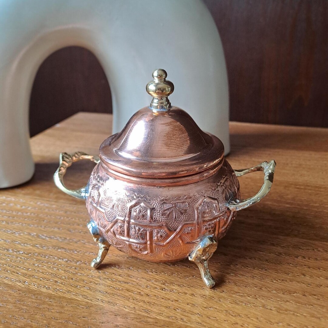Handcrafted Copper Sugar Bowl With Lid & Brass Handles – Moroccan ...