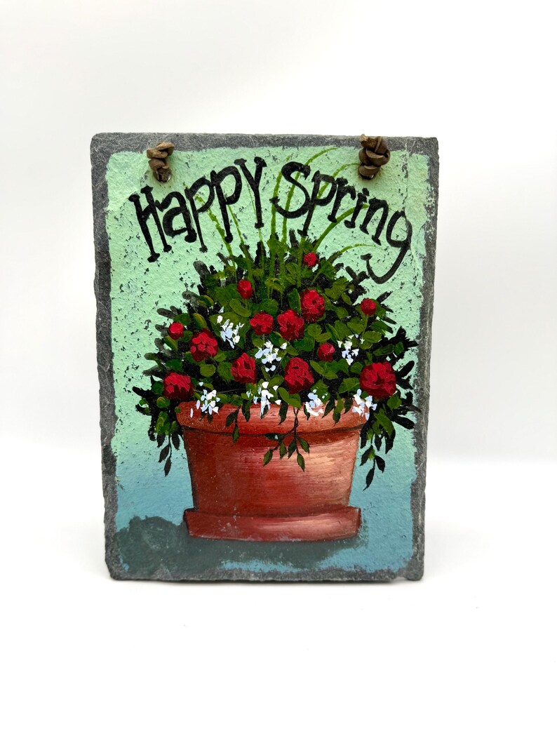 Hand Painted Slate Wall Hanging | Happy Spring - Etsy