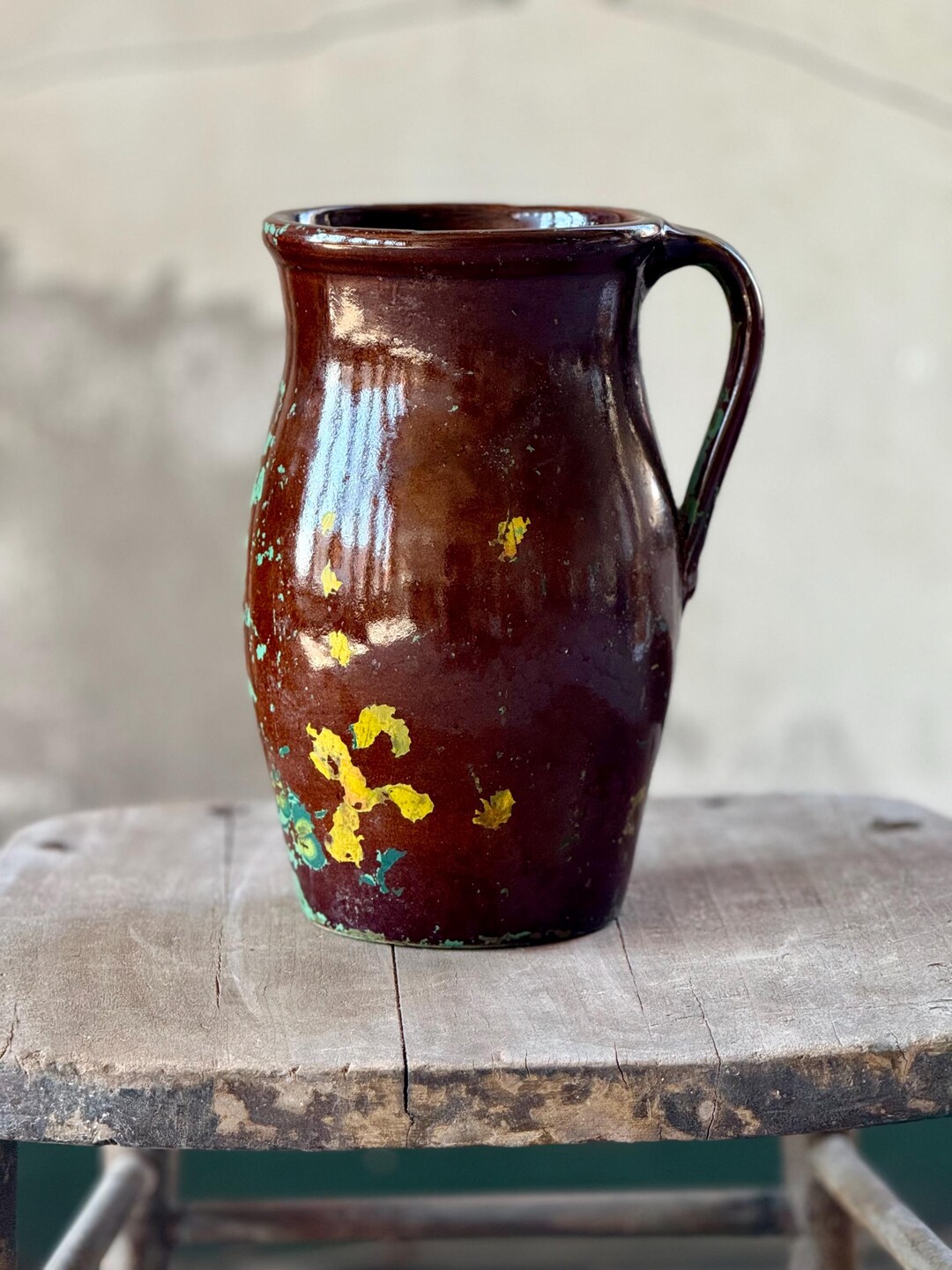 Vintage Brown Stoneware Pottery Pitcher, Glaze Accents in Yellow and ...