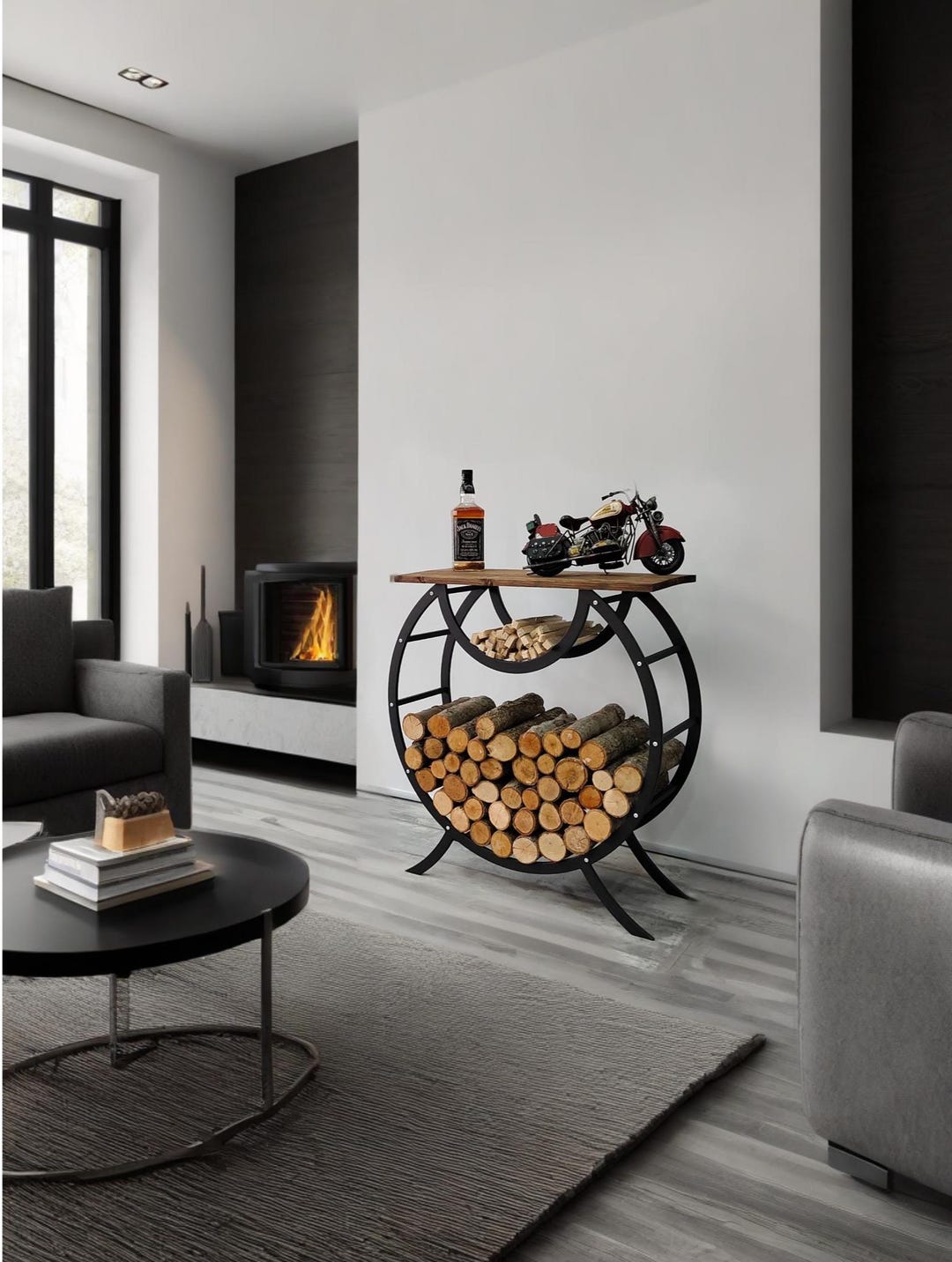 Modern Round Firewood Holder, Black Metal Log Storage Rack for Indoor ...