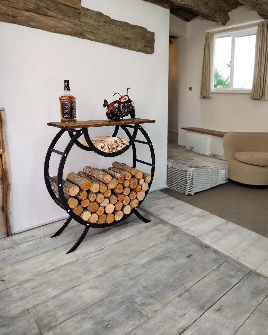 Modern Round Firewood Holder, Black Metal Log Storage Rack for Indoor ...