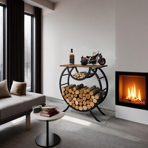 Modern Round Firewood Holder, Black Metal Log Storage Rack for Indoor ...