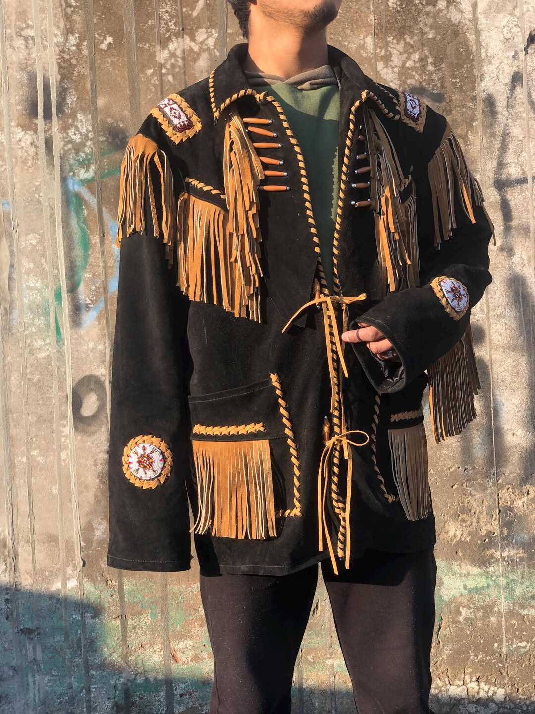 Men's Native American Handmade Suede Fringe Beaded Jacket Mountain Man ...