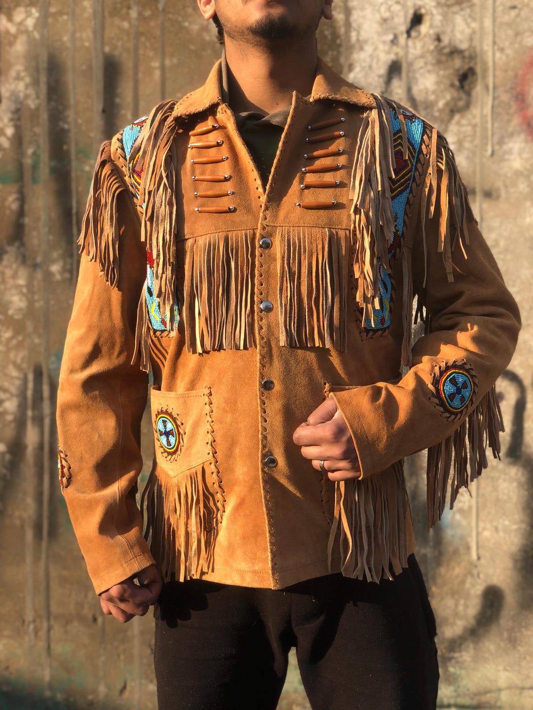 Men's Native American Handmade Suede Fringe Beaded Jacket Mountain Man ...