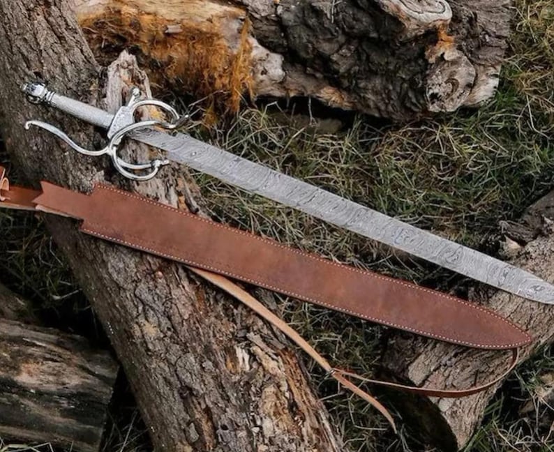 Hand Forged Damascus Steel Rapier Sword With Leather Sheath, Medieval ...