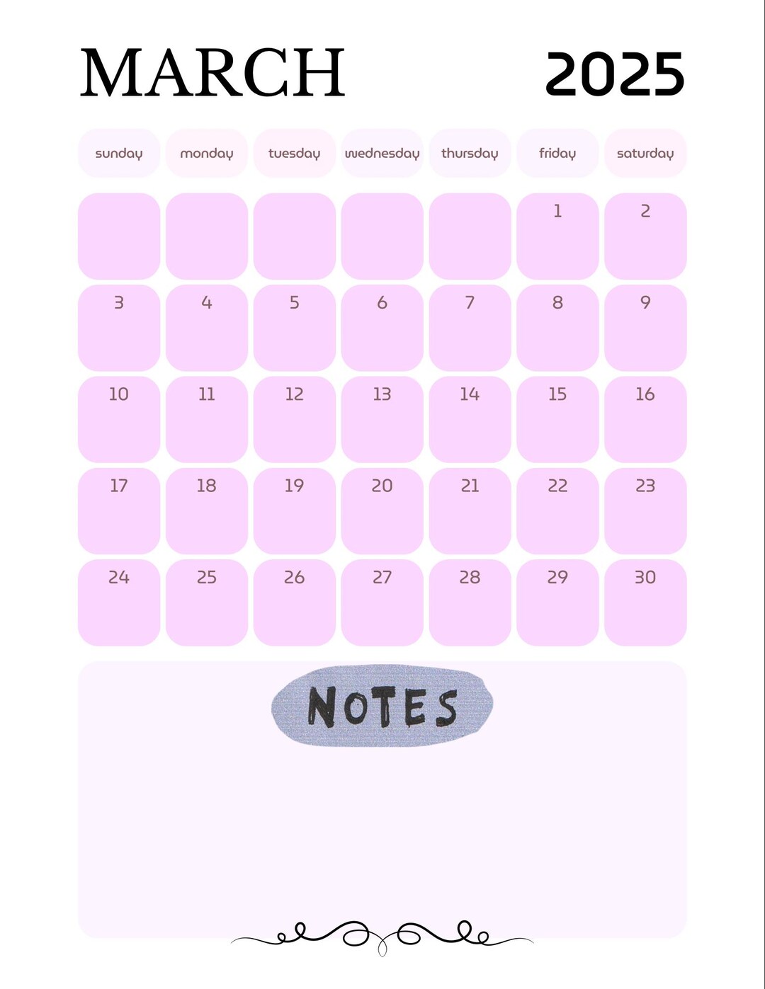 Printable Pink Calendar With Notes Section Digital Monthly Planner - Etsy