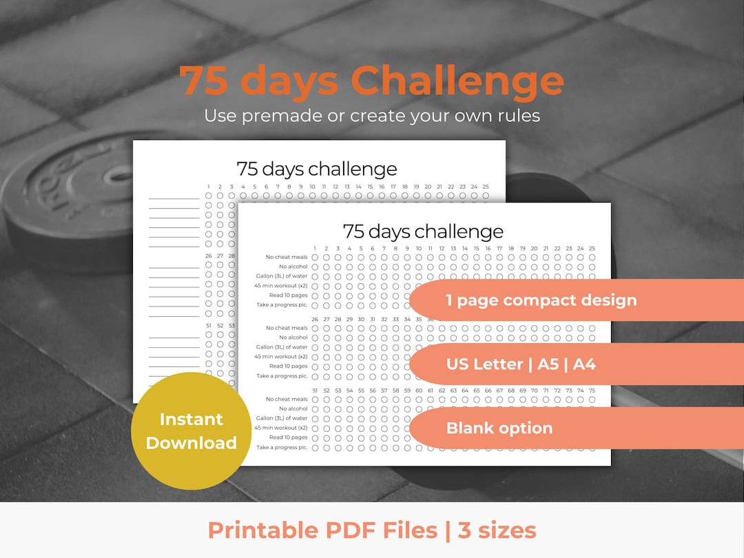 75 Days Challenge Tracker Printable, 75 Day Challenge Checklist, A5 A4 ...