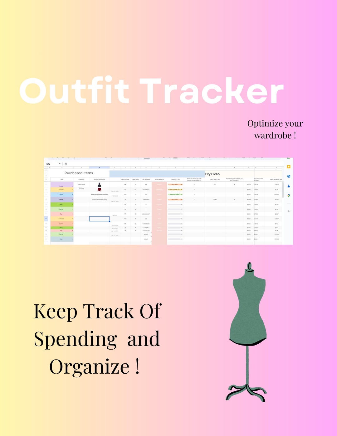 Outfit Tracker Spreadsheet- Track Your Spending & Cost per Wear ! - Etsy