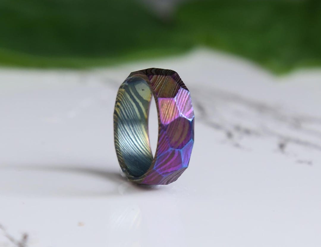 Damascus Steel Hammered Rock Blue Finish Ring , Engagement Ring, Men ...