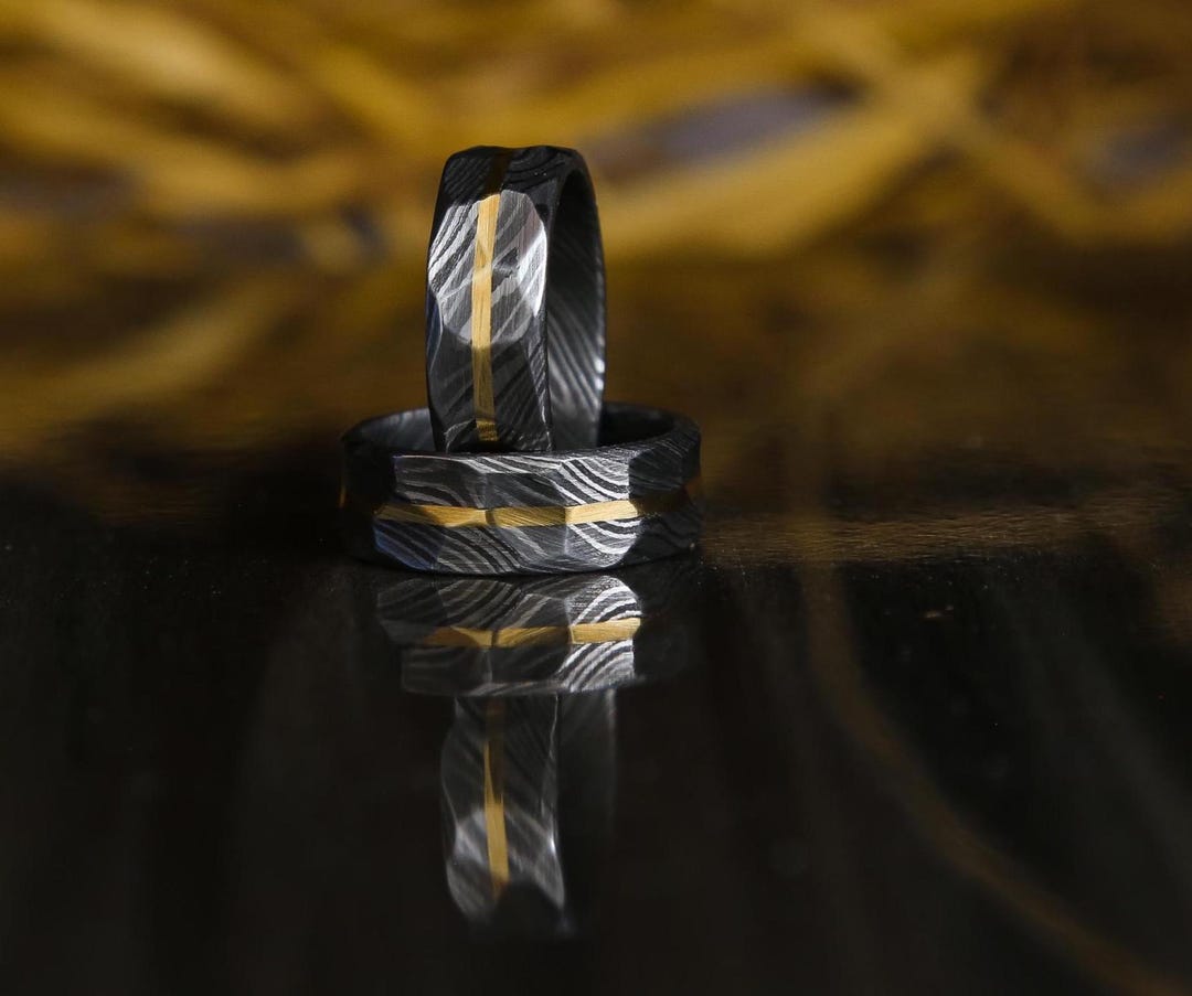 Damascus Steel Hammered Rock Finish Ring With Brass Lining, Engagement ...