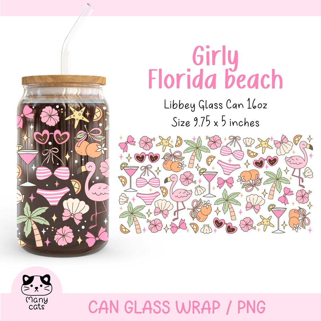 Girly Florida Beach 16 Oz Libbey Glass Can Wrap Png Florida Aesthetic ...