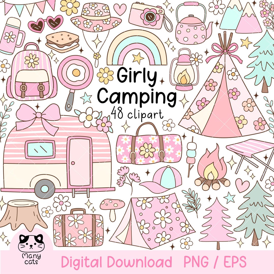 Girly Camping Clipart Pink Blue Camping Png Travel Clipart Summer Camp ...