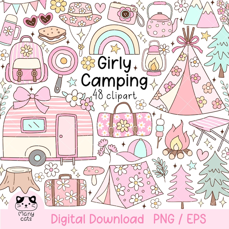 Girly Camping Clipart Pink Blue Camping Png Travel Clipart Summer Camp ...