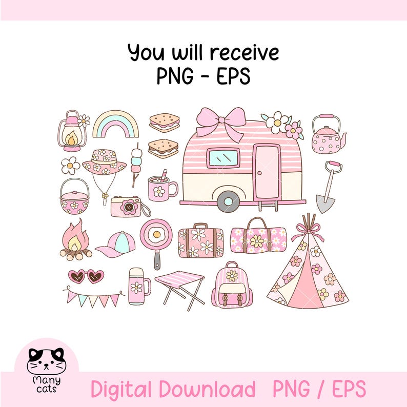 Girly Camping Clipart Pink Blue Camping Png Travel Clipart Summer Camp ...