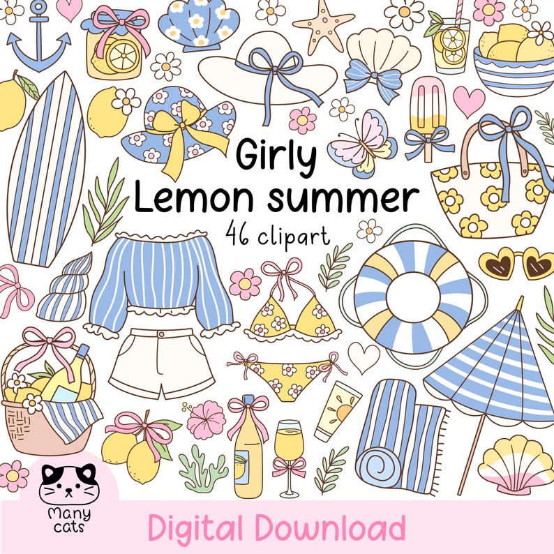 Girly Lemon Summer Clipart Preppy Summer Beach Png Seaside Charm Png ...