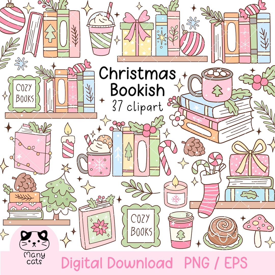 Christmas Bookish Clipart, Pastel Books Png, Cozy Readers Png Aesthetic ...