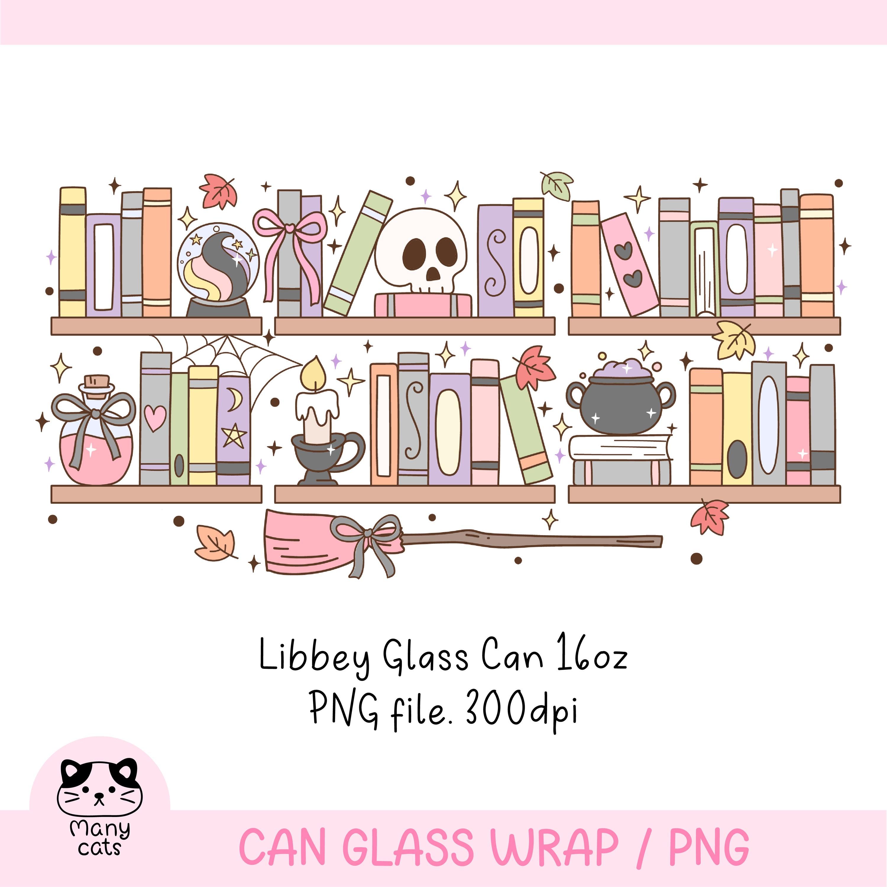 Witch Bookshelf 16oz Libbey Glass Can Wrap Png Pastel Bookish Glass Can ...