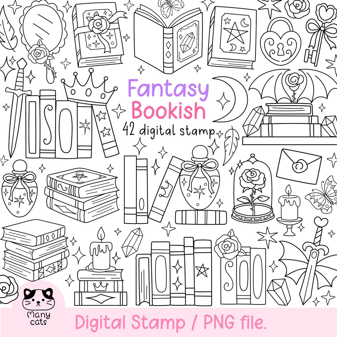 Doodle Fantasy Bookish Digital Stamp Romantasy Stamp Outline Dragon ...