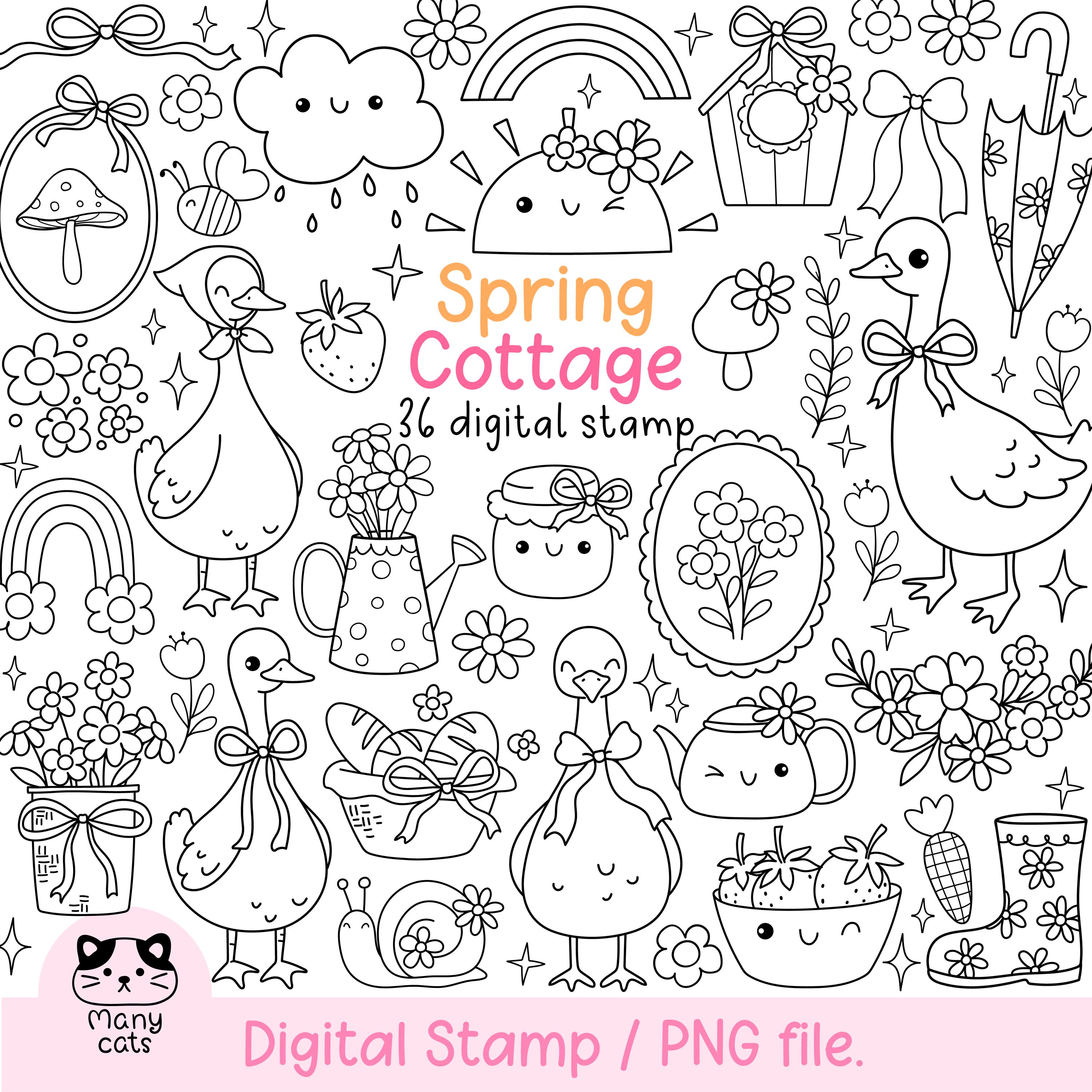 Doodle Spring Cottage Digital Stamp Spring Coloring Png Silly Goose ...