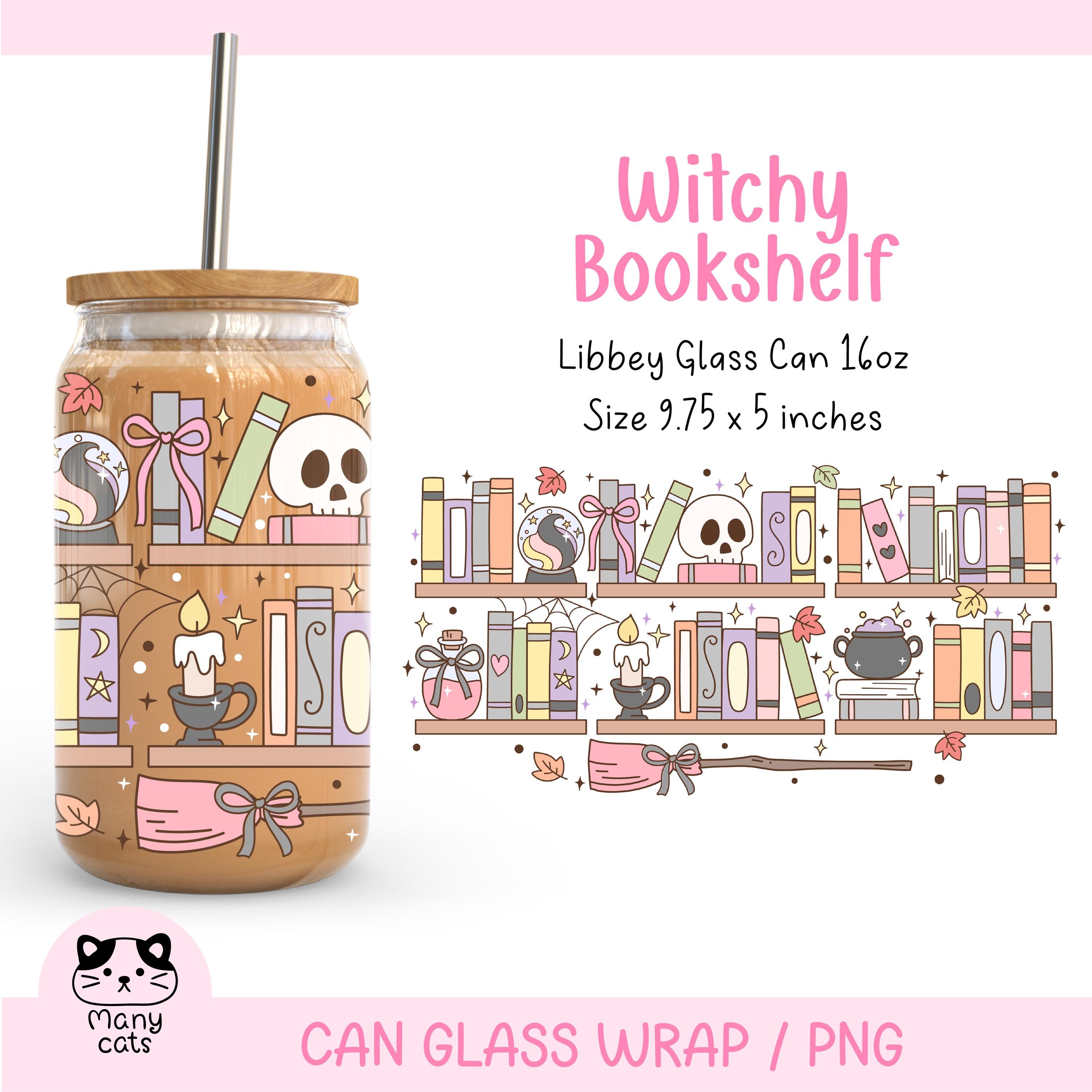 Witch Bookshelf 16oz Libbey Glass Can Wrap Png Pastel Bookish Glass Can ...