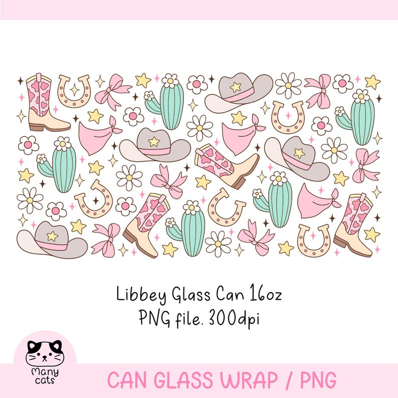 Pastel Girly Cowgirl 16oz Libbey Glass Can Wrap Png Pink Western Libbey ...