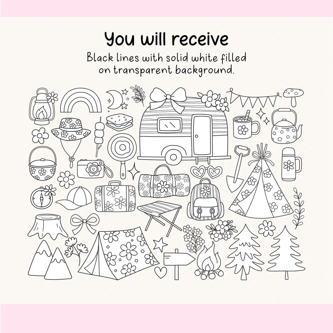 Girly Camping Digital Stamp Doodle Camping Colorig Travel Summer Camp ...