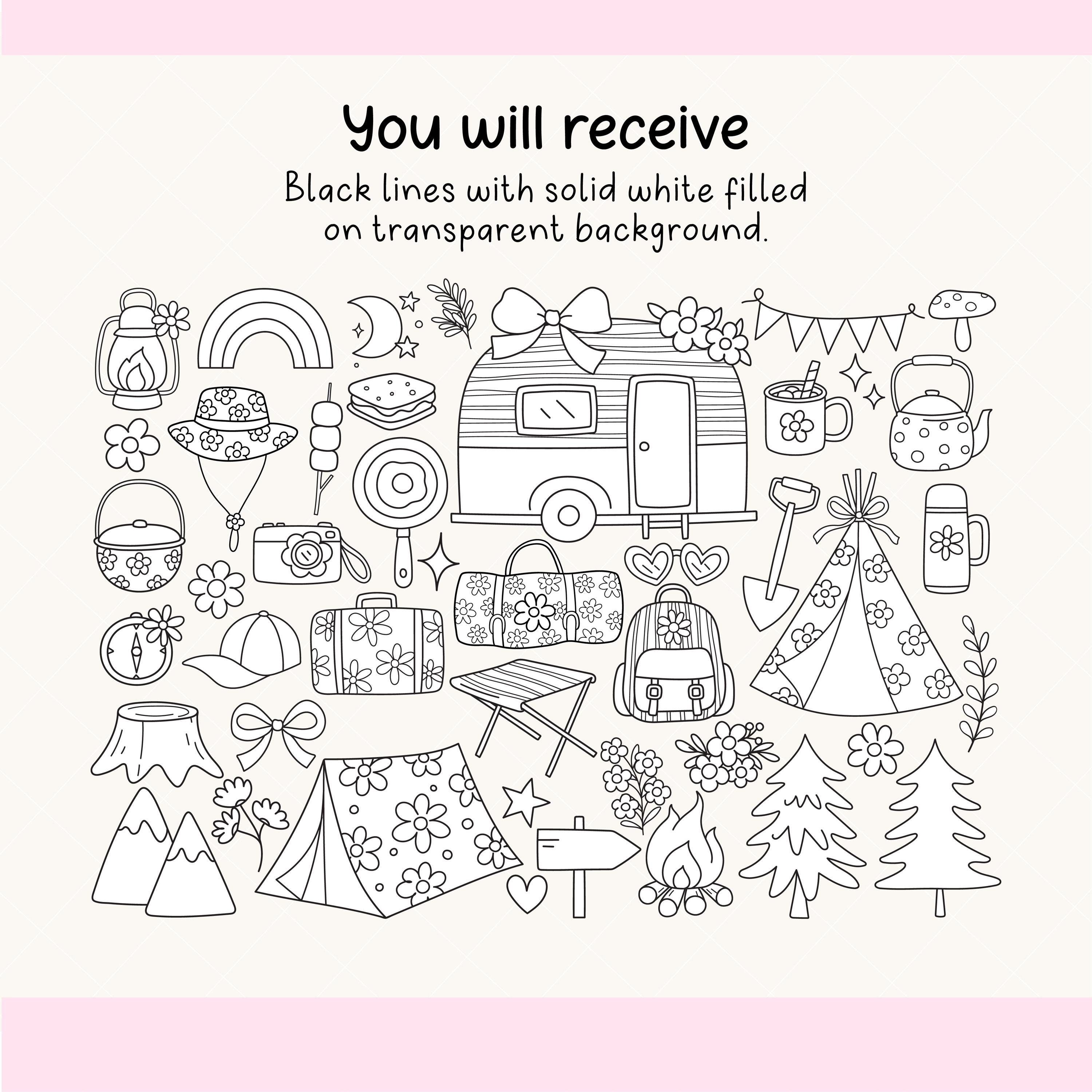 Girly Camping Digital Stamp Doodle Camping Colorig Travel Summer Camp ...