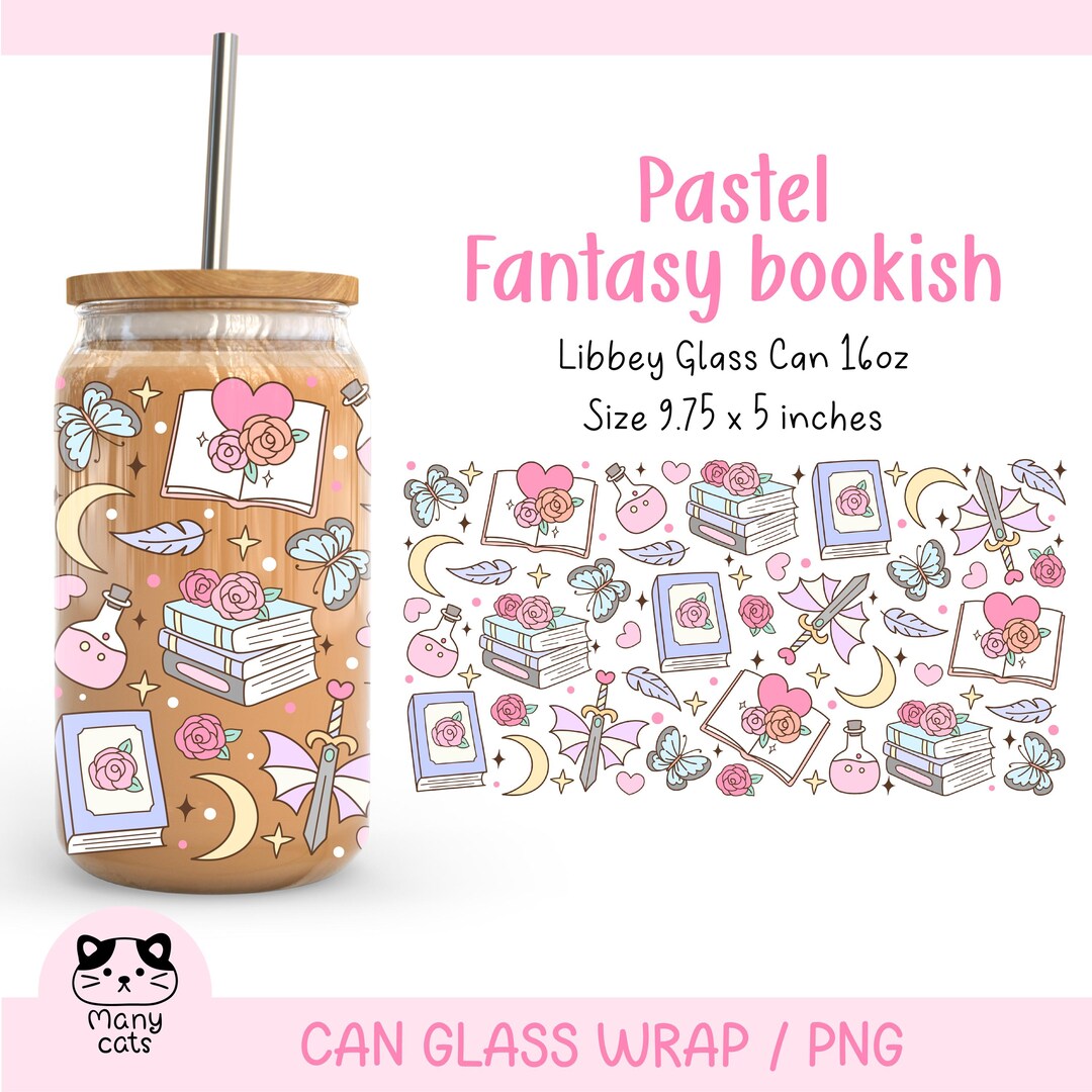 Pastel Fantasy Book 16oz Libbey Glass Can Wrap Png Romantasy Book Glass ...