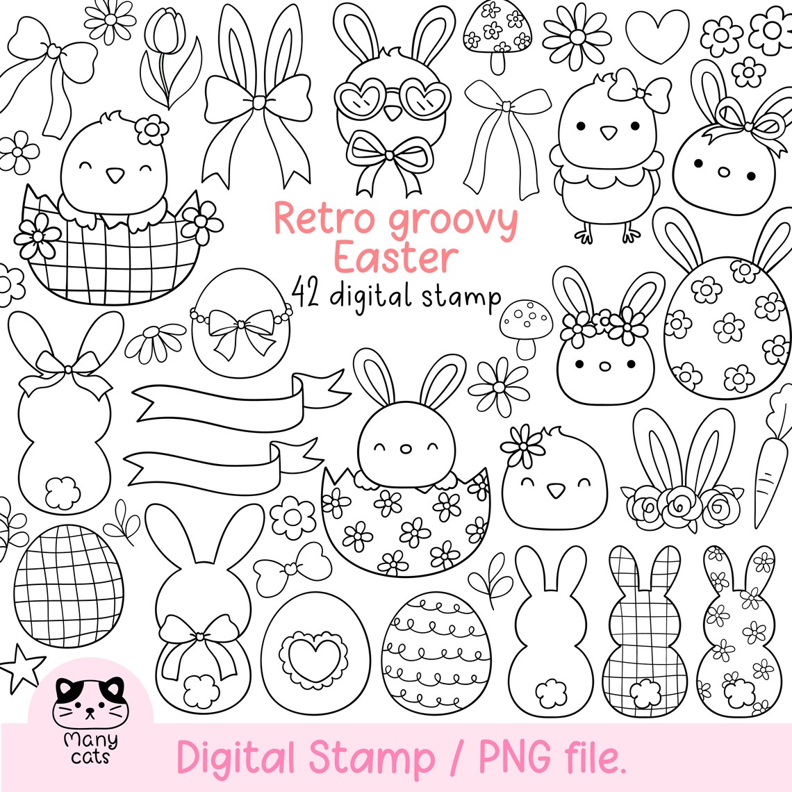 Doodle Groovy Easter Digital Stamp Retro Easter Stamp Spring Coloring ...