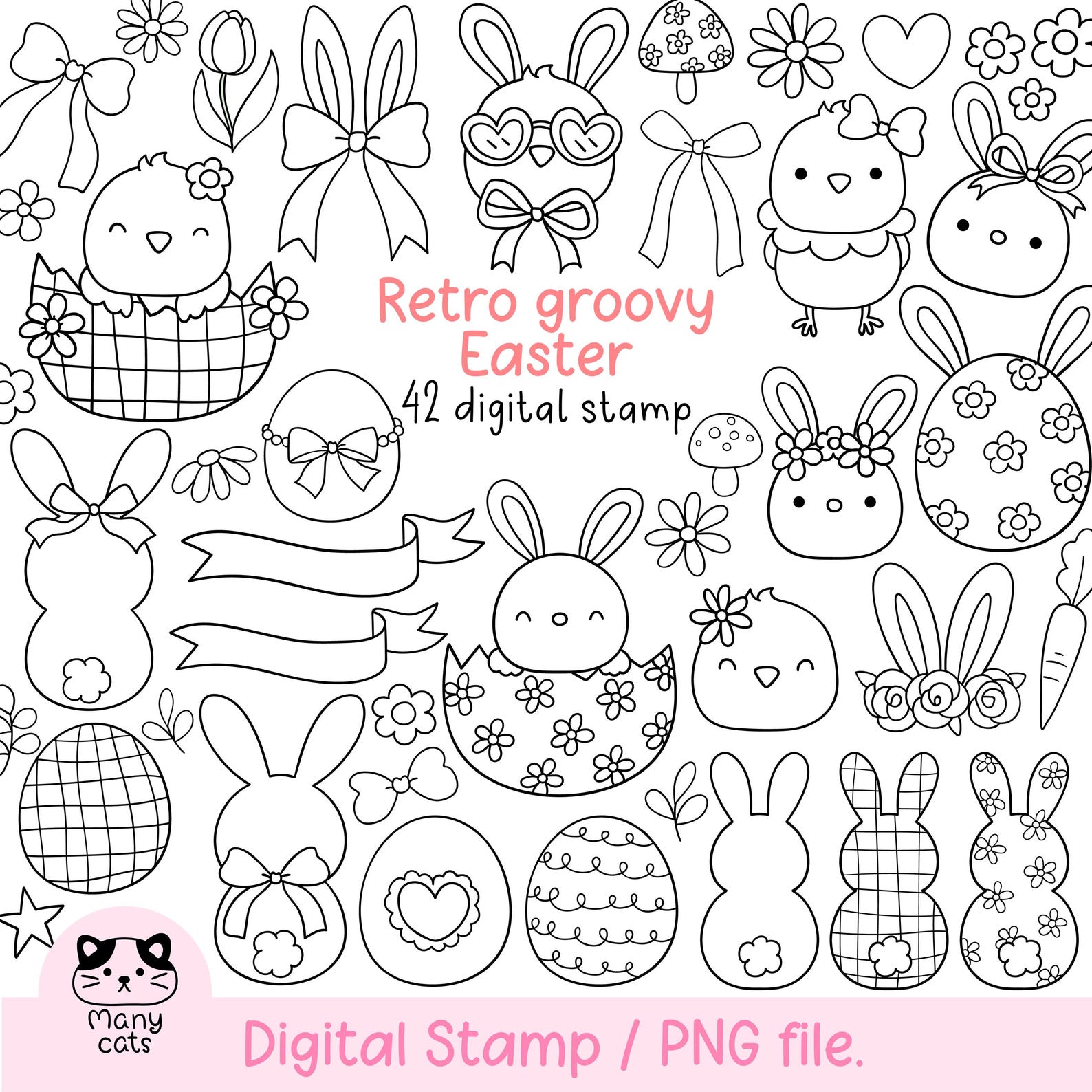 Doodle Groovy Easter Digital Stamp Retro Easter Stamp Spring Coloring ...