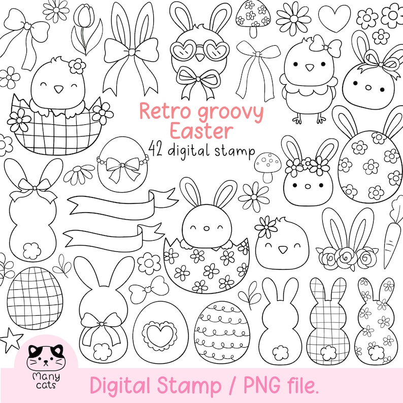 Doodle Groovy Easter Digital Stamp Retro Easter Stamp Spring Coloring ...