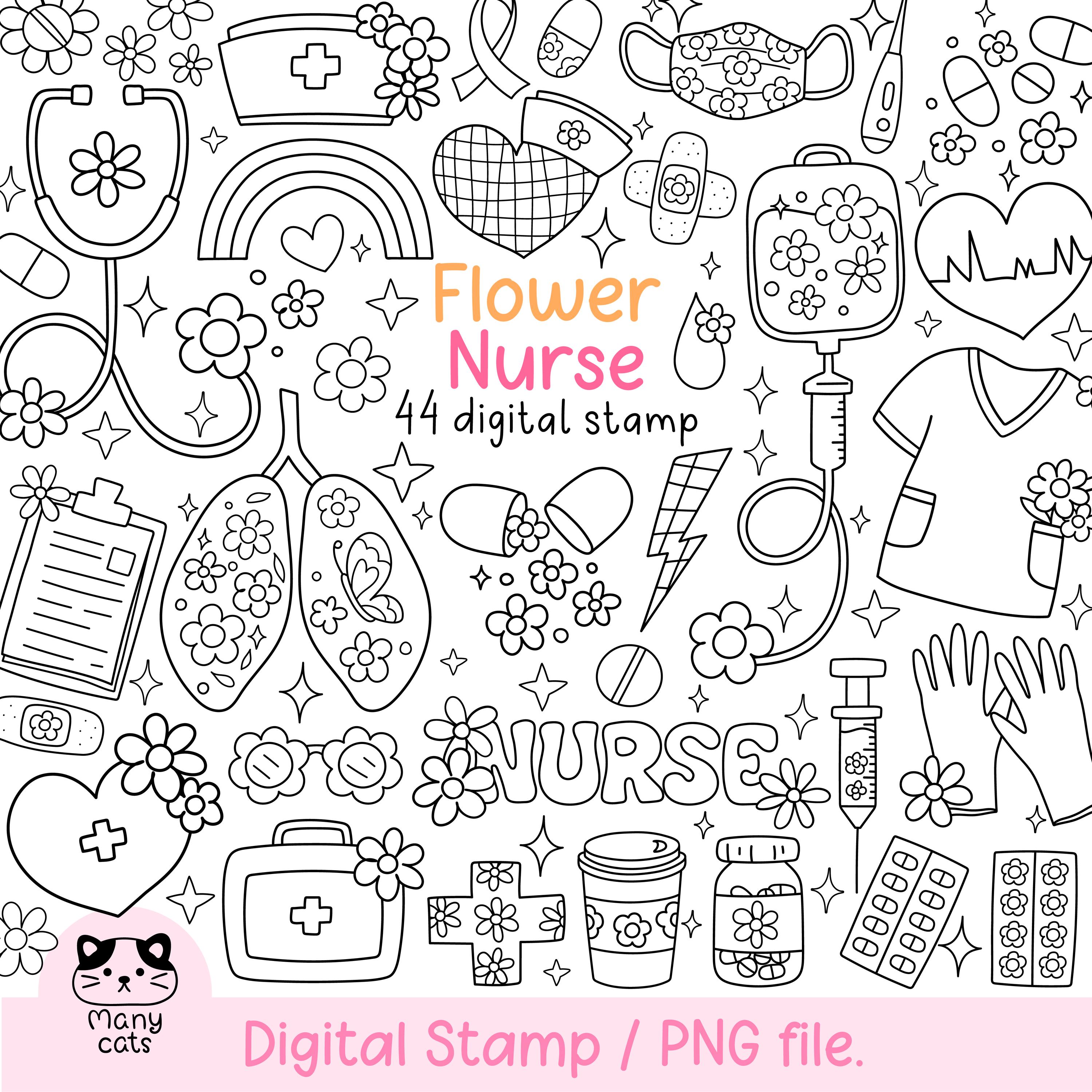 Flower Nurse Life Digital Stamp Doodle Spring Nurse Png Medical Mental ...
