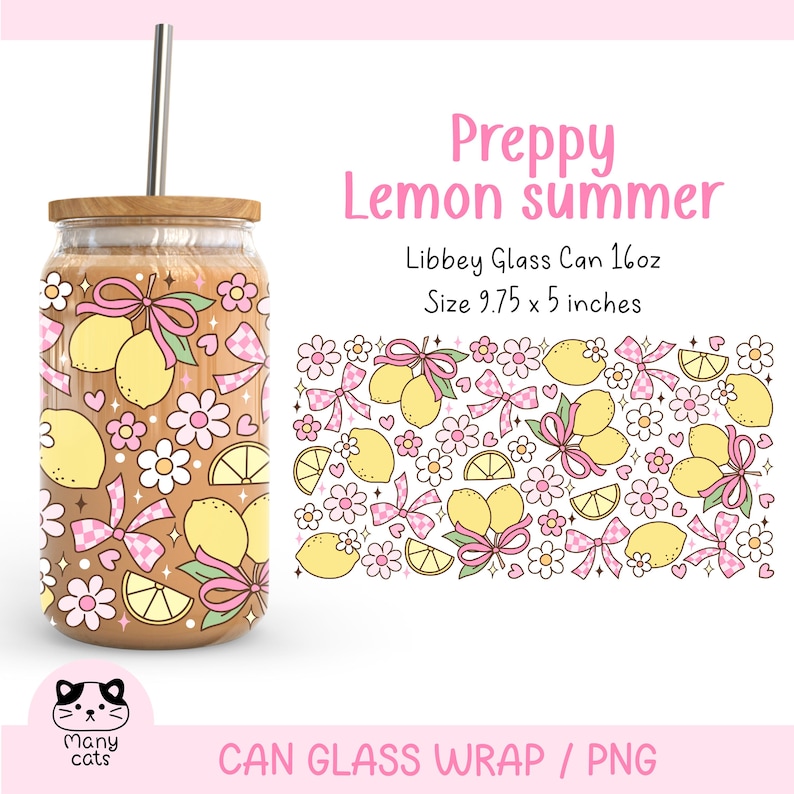 Preppy Lemon Summer 16 Oz Libbey Glass Can Wrap Png Floral Lemon Bow ...