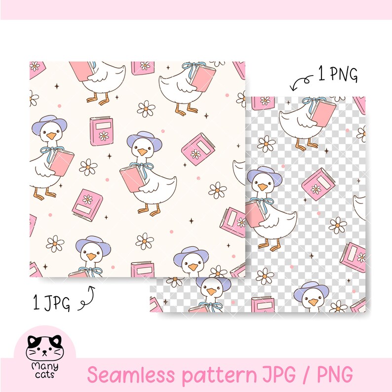 Silly Goose Book Club Seamless Pattern Cottagecore Spring Pattern Goose ...
