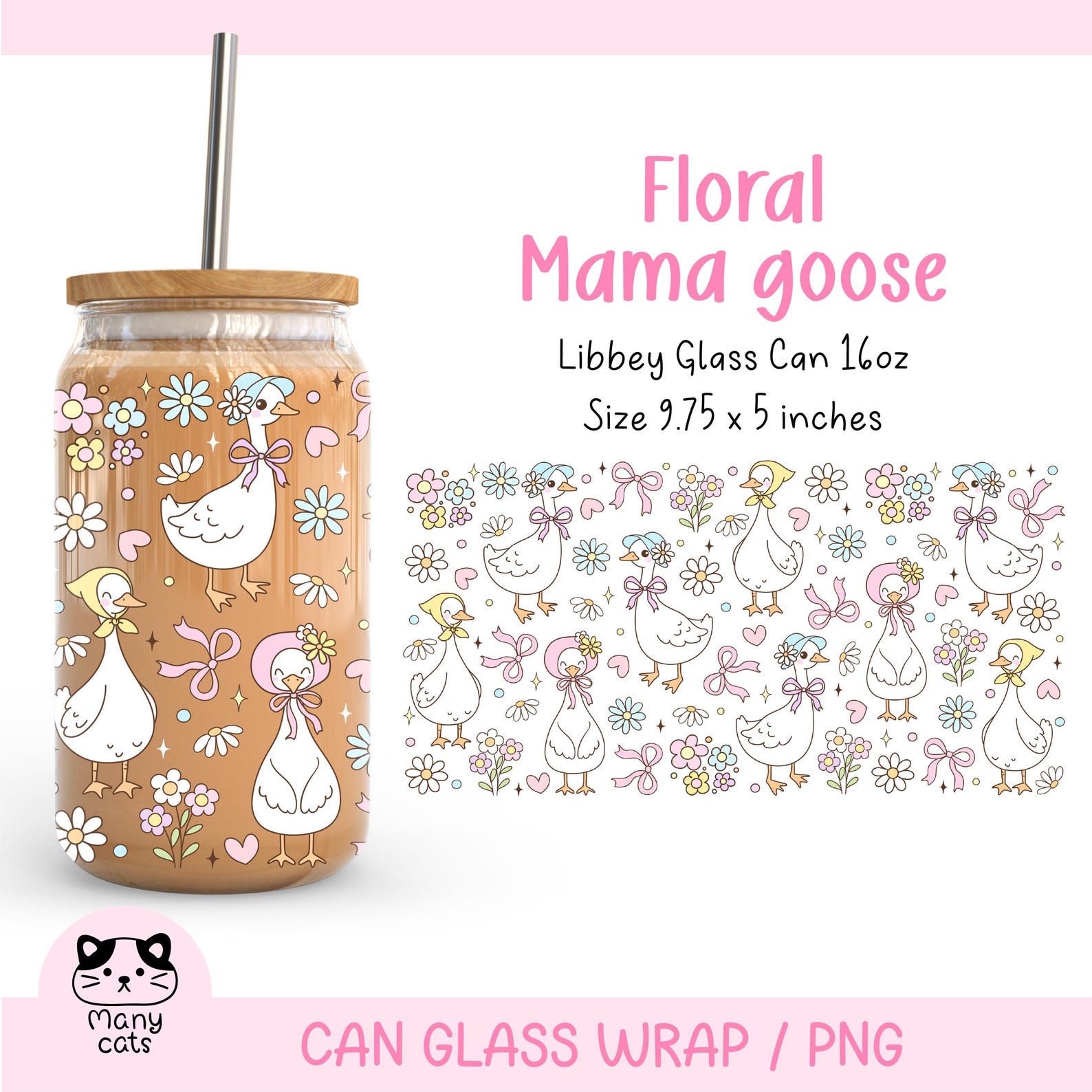 Floral Mama Goose 16oz Libbey Glass Can Wrap Png Cottage Goose Glass ...