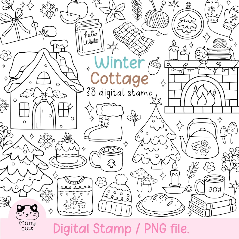 Winter Cottage Digital Stamp, Christmas Coloring, Winter Cottagecore ...