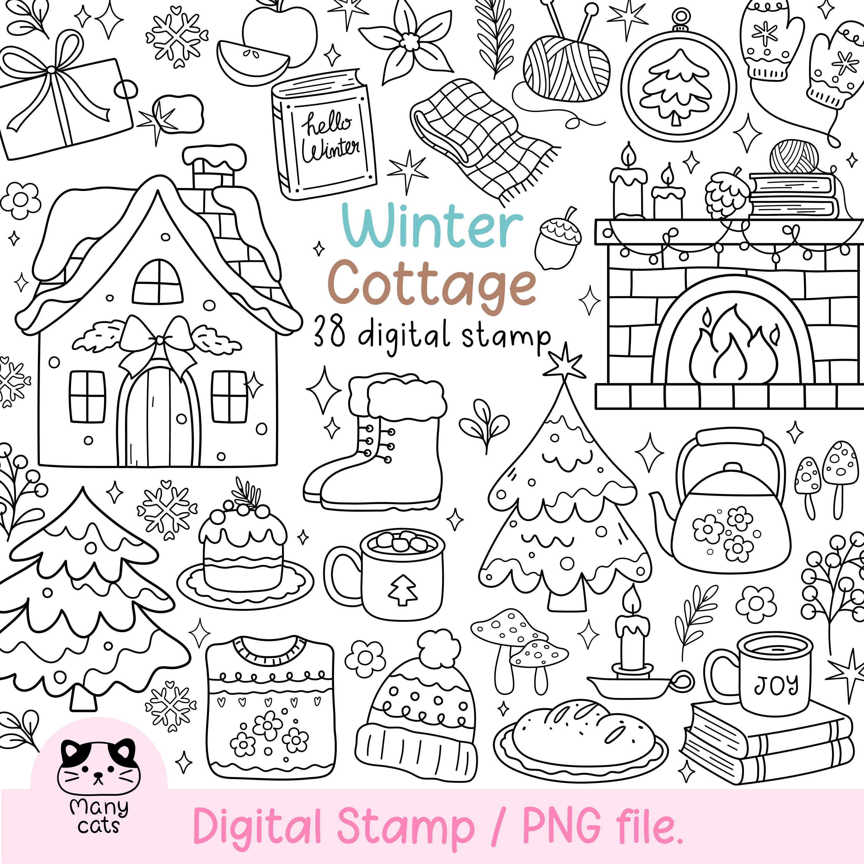 Winter Cottage Digital Stamp, Christmas Coloring, Winter Cottagecore ...