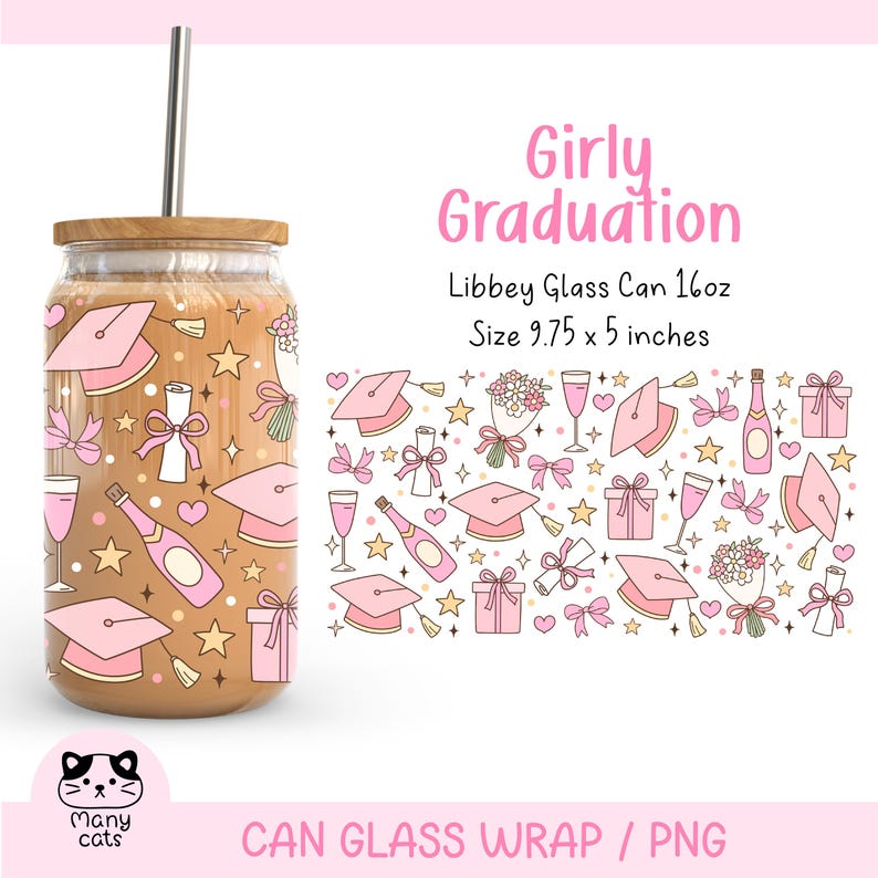 Girly Graduation 16 Oz Libbey Glass Can Wrap Png Pink Grad Libbey Glass ...