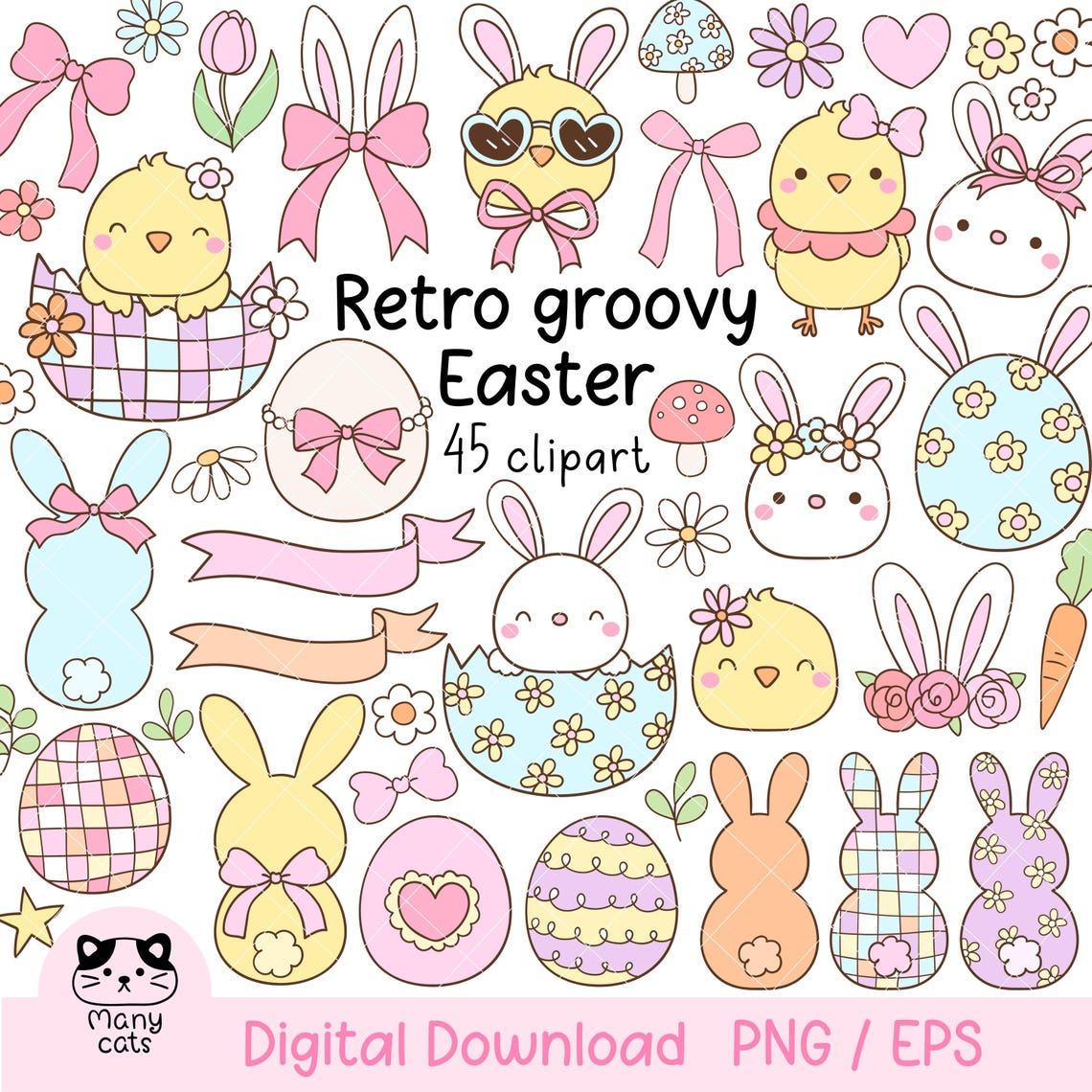 Retro Groovy Easter Clipart Hippie Clipart Spring Garden Clipart Pastel ...