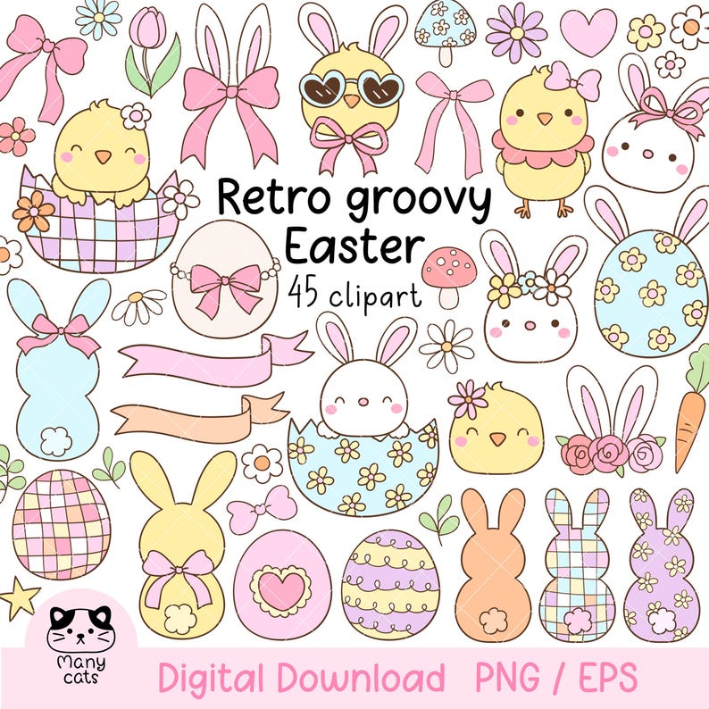 Retro Groovy Easter Clipart Hippie Clipart Spring Garden Clipart Pastel ...